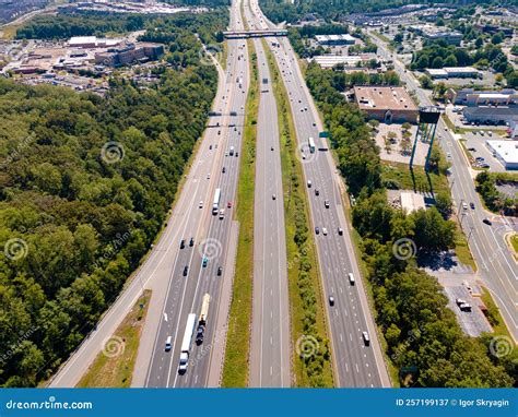 Multi Lane Highway With Bird`s Eye View Of Traffic Stock Image Image