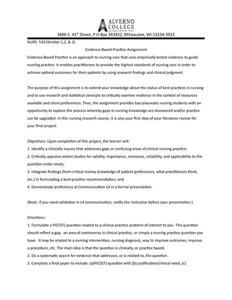 Evidence Based Practice Assignment Evidence Based Practice Nurs 530