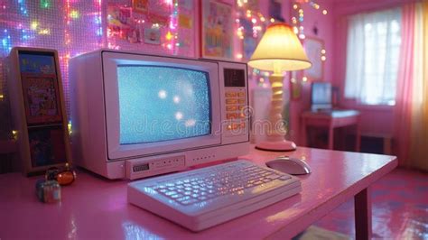 Vibrant Pink Retro Computer With Colorful Lighting And Sparkling Screen Effect Stock