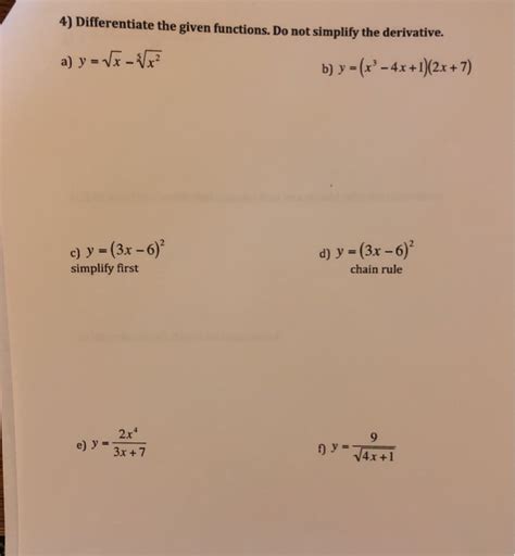 Solved 4 Differentiate The Given Functions Do Not Simplify
