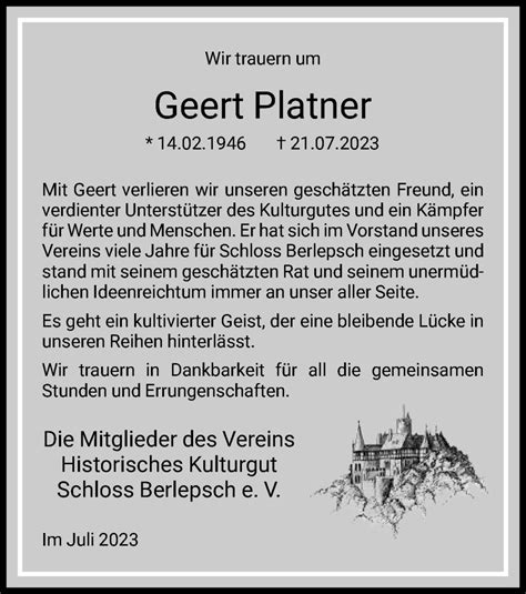 Traueranzeigen Von Geert Platner Trauer Hna De