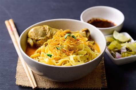 Northern Thai Food Khao Soi Spicy Curry Noodles Soup With Chicken Stock Photo Image Of
