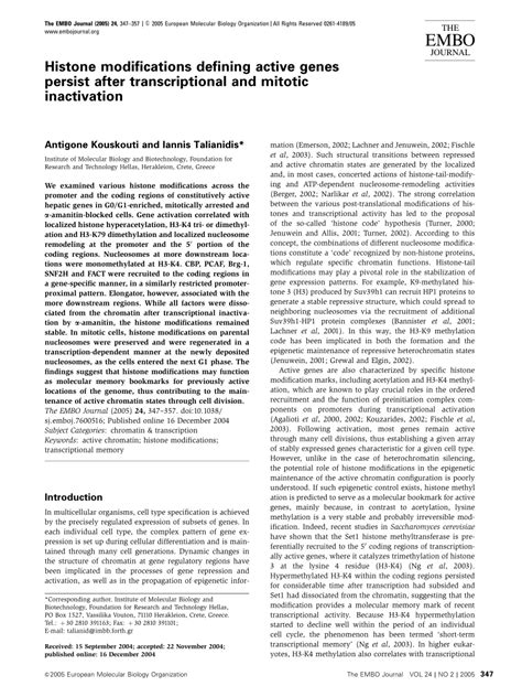 Pdf Histone Modifications Defining Active Genes Persist After