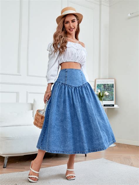 High Waist Flare Denim Skirt Shein Uk