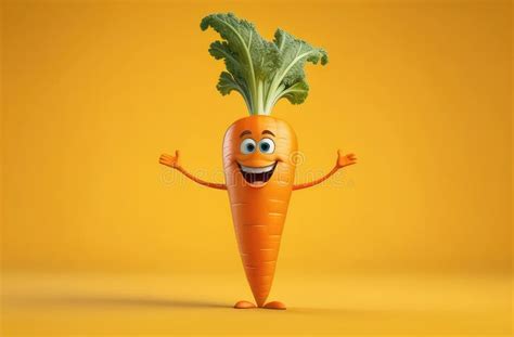 Funny Carrot With Arms Legs And Smiling Face On Yellow Background