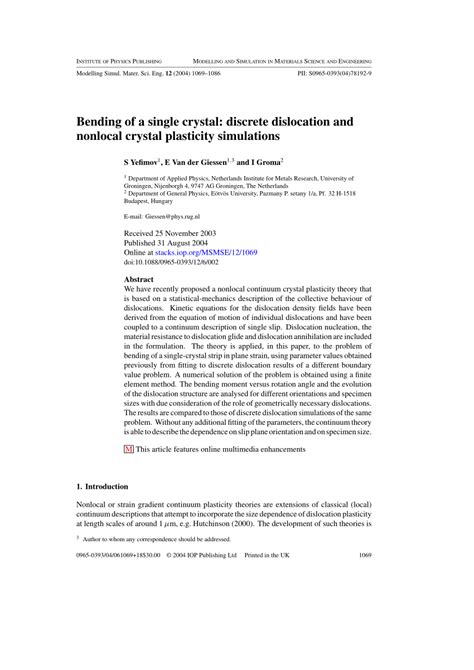 Pdf Bending Of A Single Crystal Discrete Dislocation And Nonlocal Crystal Plasticity Simulations