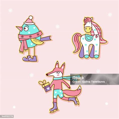 재미있는 만화 스티커 세트 새해와 크리스마스 스티커 하얀 장난감 말 새와 여우 분홍색 배경에 격리된 평면 벡터 그림 여우에 대한