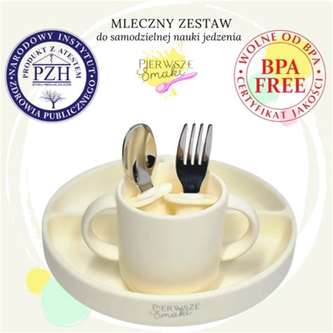 Mleczny komplet sztućce talerzyk i kubek Pierwsze Smaki