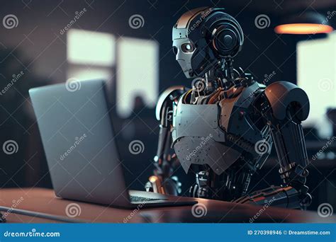 chatbot robot typing on a laptop computer sitting at a desk chatbot
