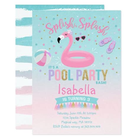 Flamingo Pool Party Birthday Invitation Pink Gold