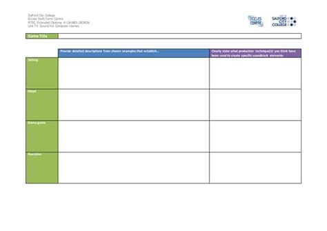 Sound Design In Computer Games Analysis Work Sheet Ppt