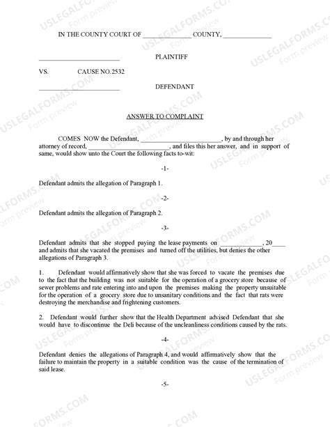 Answer To Complaint Us Legal Forms