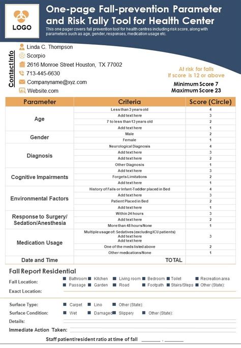 One Page Fall Prevention Parameter And Risk Tally Tool For Health Center PDF Document PPT Template
