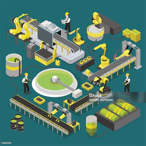 화학 원자력 발전소 생산 컨베이어 워크샵입니다 3 차원 Isometric 무거운 로봇 산업 기계 아이콘 설정된 개념 웹 벡터 일러스트 레이 션 플랫 퓰 레이 터 로봇