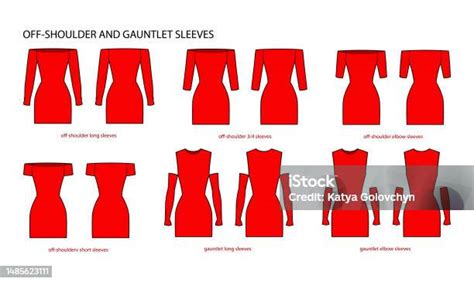 오프 숄더 및 건틀릿 소매 옷 긴 짧은 팔꿈치 34 길이 테크니컬 패션 일러스트 세트와 몸에 맞았습니다 플랫 의류 템플릿 앞면 뒷면 여성 남성 남녀 공용 Cad 모형 T