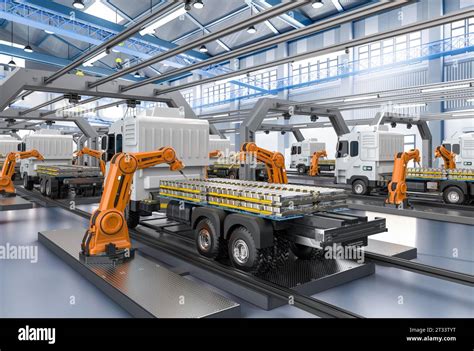 Automation Automobile Factory With 3d Rendering Robot Assembly Line