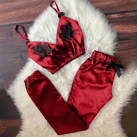 Buy CS Women V Neck Eyelash Lace Sexy Stain Camisole Pajamas Bowknot