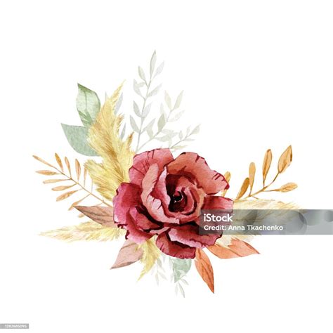 수채화 부르고뉴 꽃 꽃다발 가을 꽃 일러스트 보호 꽃 레드 로즈 웨딩 디자인 현대 팜파 잔디와 야생 꽃 건조 조성 웨딩 무적 베이비 샤워 신부 카드 결혼식에 대한 스톡 벡터