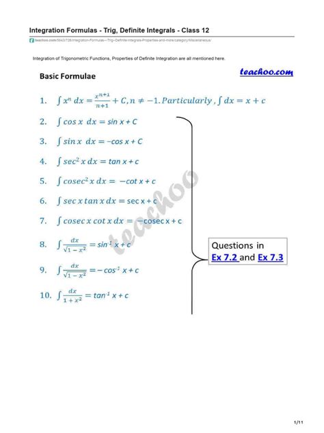Integration Formulas Trig Definite Integrals Class 12 Pdf