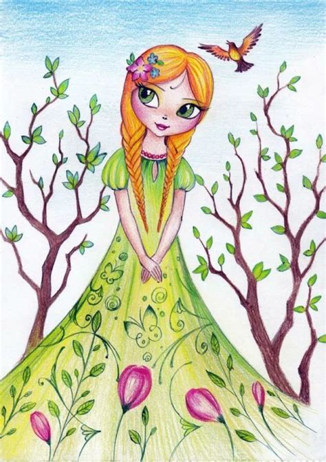 Сказочная срисовка девочка в платье из цветов Топ Срисовки