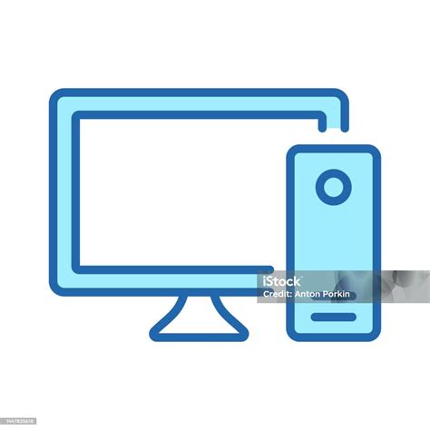 데스크탑 Pc 컬러 라인 아이콘입니다 가정 사무실 개인용 컴퓨터 모니터 선형 픽토그램 하드웨어 기계 장비 컴퓨터 화면 개요 기호