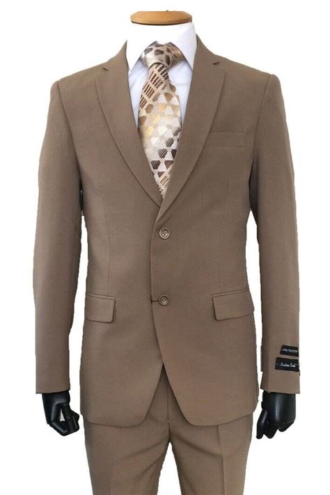 Mens 2 Button Slim Fit Poplin Basic Suit In Tan Signaturemenswear