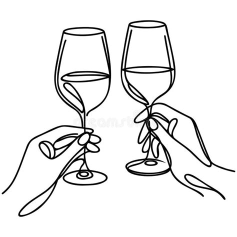 Hands Hold Wine Clinking Glasses One Line Artcontinuous Drawing