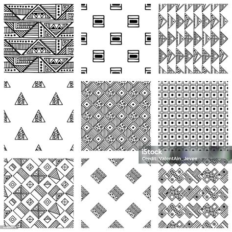 원활한 벡터 패턴입니다 흑인과 백인 기하학적 배경 손으로 그려 장식 부족 요소 인종 민족 전통 모티브 인쇄 그래픽 벡터 일러스트입니다 0명에 대한 스톡 벡터 아트 및 기타