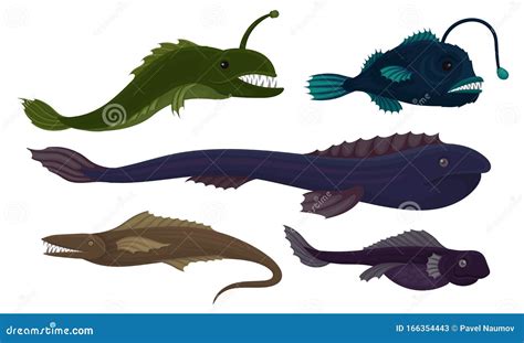 Deep Sea Creatures Vector Set Marine Dangerous Fish With Sharp Teeth