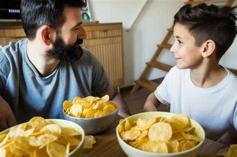 Premium Photo Father And Son With Bowls Of Chips Focused On A Sports