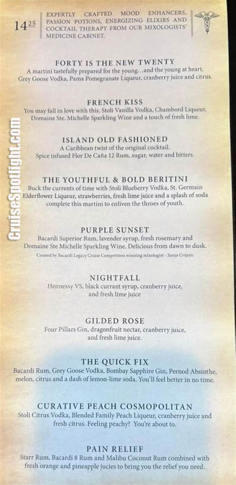 Carnival Luminosa Bars With Menus And Prices Cruise Spotlight