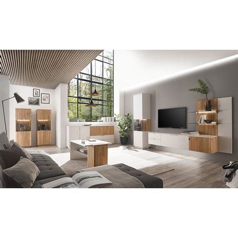 Lomadox Wohnwand Lucera 52 7 St 7 Tlg Modern Weiß Eiche Massiv