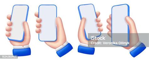 손 모형에 휴대 전화입니다 만화 손을 들고 스마트폰을 들고 빈 화면과 파란색 프레임이 있는 디스플레이 앱 쇼케이스 벡터 템플릿 세트 Brand Name Smart Phone