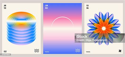 그라데이션 여름 포스터 세트 음악 축제 일몰 분위기 추상적인 꽃 디자인 추상적인 그라디언트 커버 배경 세트 동적 유체 그라디언트 해변 태양 파도 꽃 벡터 일러스트 레이 션