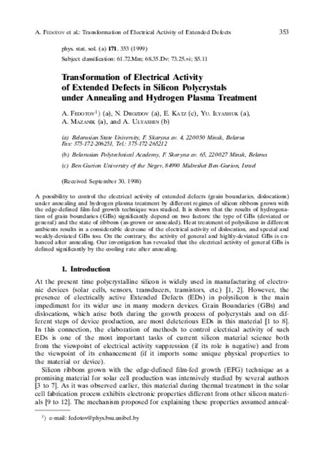 Pdf Transformation Of Electrical Activity Of Extended Defects In Silicon Polycrystals Under