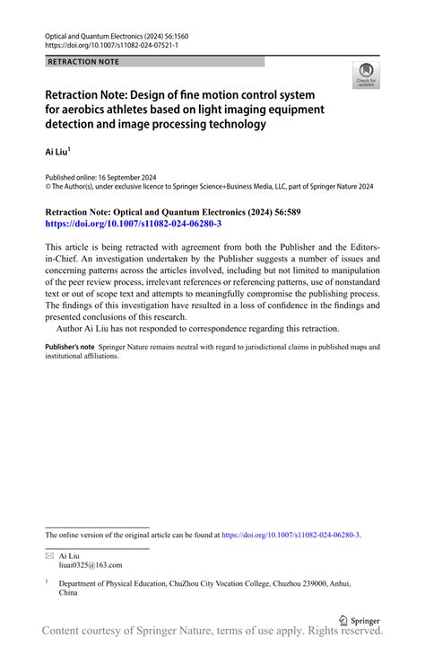 Retraction Note Design Of Fine Motion Control System For Aerobics