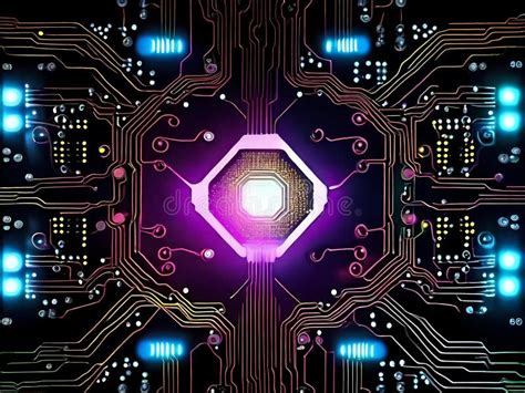 Electronic Circuit Chip Board Covered Wallpaper With Lights Gold Background Stock Illustration