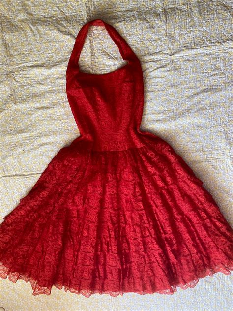 1960s HOT Lipstick Red Cherry Pie Layered Lace Frills With Boned Corset