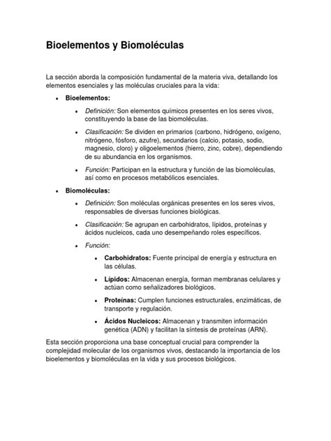 Resumen Bioelementos Y Biomoléculas Pdf