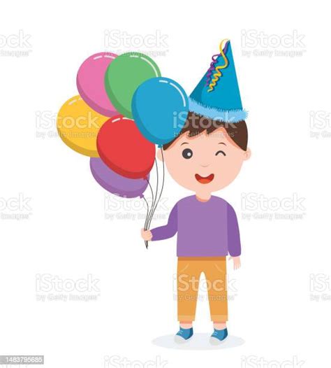 생일 파티 벡터 일러스트레이션을 축하하는 다채로운 풍선을 가진 아이들 귀여운에 대한 스톡 벡터 아트 및 기타 이미지 귀여운