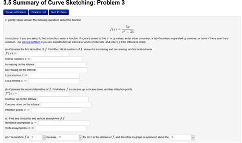 Solved Summary Of Curve Sketching Problem Previous Chegg