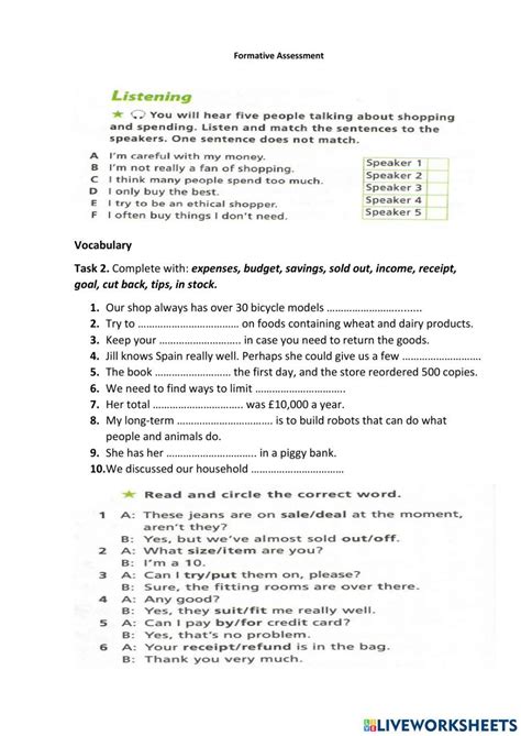 Formative Assessment Interactive Exercise Live Worksheets