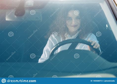 Beautiful Smiling Woman Driving Car Attractive Girl Sitting In