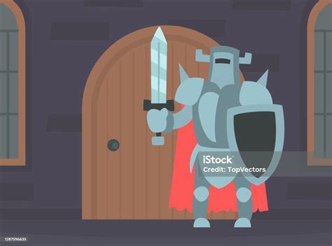 중세 성 인테리어 만화 벡터 일러스트에서 전신 갑옷에 중세 기사 전사 검에 대한 스톡 벡터 아트 및 기타 이미지 검 경쟁 고대의 Istock