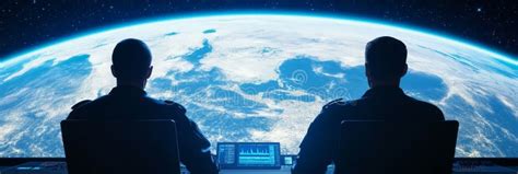 Global Monitoring Station Personnel Two Soldiers Monitor Earth From A Space Station Control Room