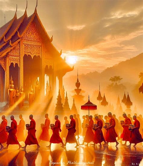 แสงแห่งศรัทธา ชีวิตของพระภิกษุในเช้าของไทย ภาพพระพุทธศาสนาจาก A I ชุดที่ 2 Artificial