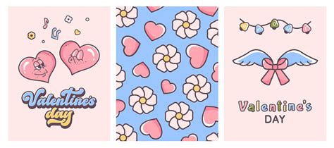발렌타인 포스터 세트입니다 Lgbt 연애 커플 몇 개의 만화 하트 큐피드 날개 발렌타인 텍스트 로맨틱한 배경 발렌타인 파티 재미 그루비 캐릭터 축제 패턴 벡터 일러스트 레이