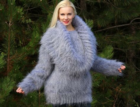 Hand Knitted Cowl Neck Mohair Sweater In Grey Hand Knit Cowl Knit