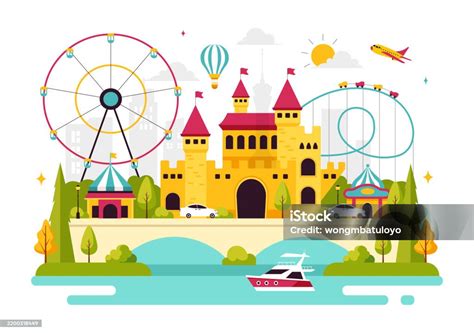 테마 파크 벡터 일러스트 레이 션은 관람차 재미있는 게임 부스 티켓 박스 및 배경에 무역 박람회 포장 마차가있는 놀이 공원을 특징으로합니다 Carnival에 대한 스톡 벡터
