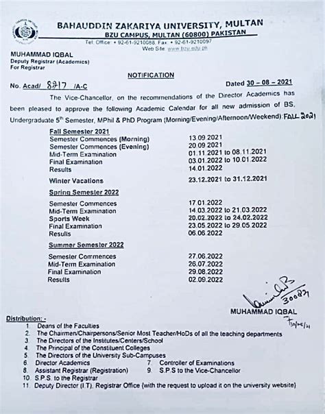 Bzu Updates Academic Calendar For Bs Undergraduate 5th